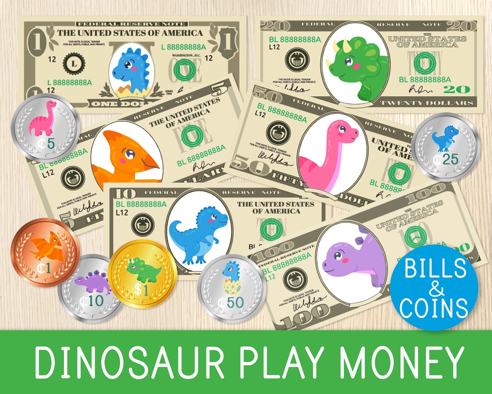 Play Money Dinosaurs Kids Pretend Play Toy Money US Bills - Etsy