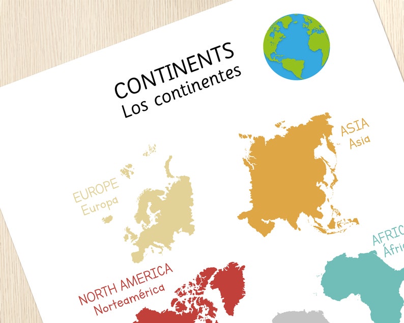 Continents Poster in English & Spanish Bilingual Printable - Etsy
