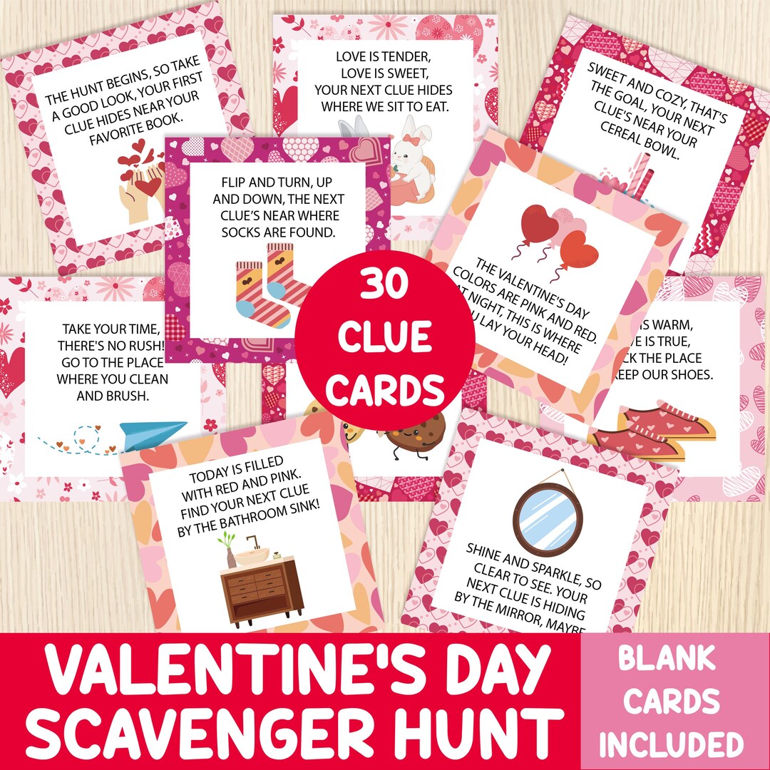 Valentine's Day Scavenger Hunt Clues Cards - Valentine's Treasure Hunt ...