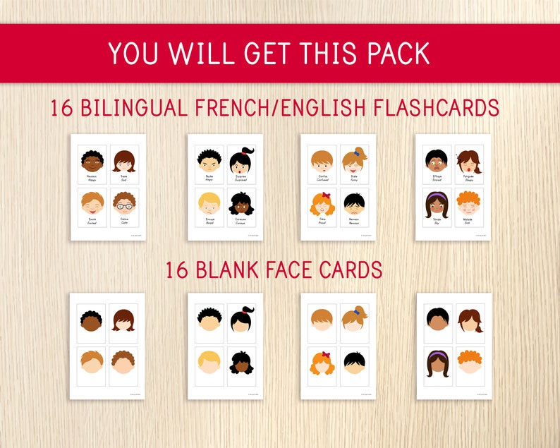 French & English Emotions Flashcards and Blank Face | Etsy