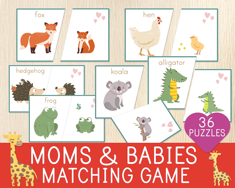 Mother & Baby Animals Matching Games 36 Puzzles Matching - Etsy