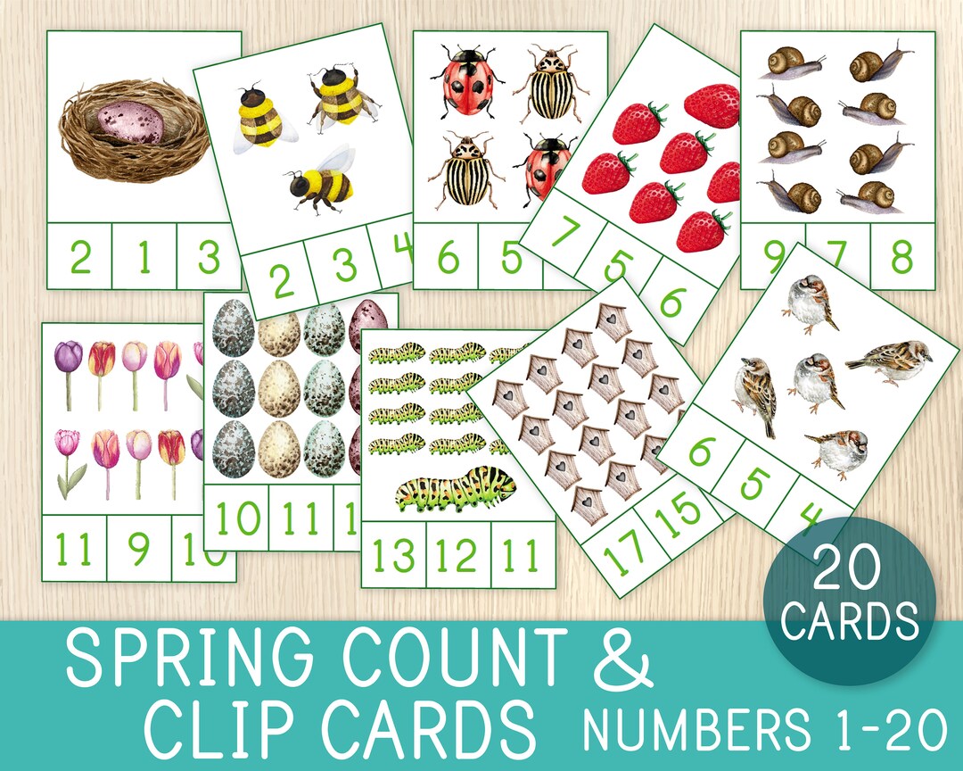 Spring Count and Clip Cards, Numbers 1-20, Counting Cards, Flashcards ...
