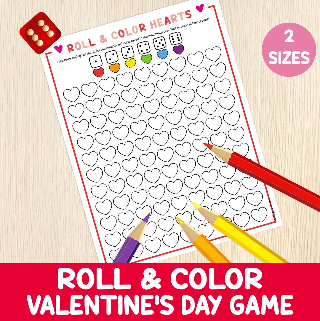 Valentine's Day Roll and Color Game - Valentines Heart Coloring ...