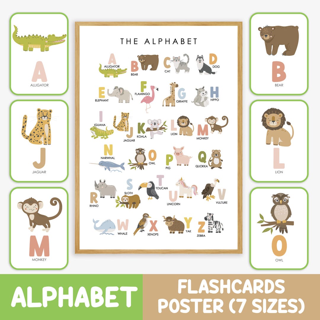 Animals Alphabet Flashcards & Poster - Educational Printable ABC Wall ...