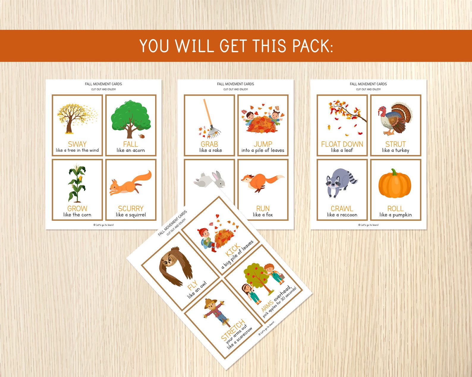 Fall Movement Cards, Autumn Game, 24 Flashcards, Gross Motor Skills ...