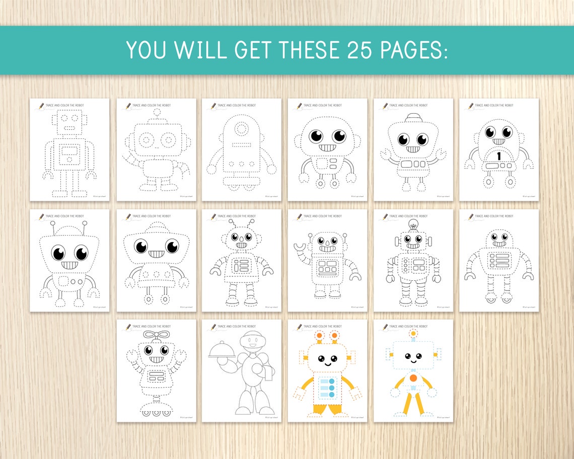 Robots Trace & Color Worksheets - Coloring Pages - Tracing Practice ...