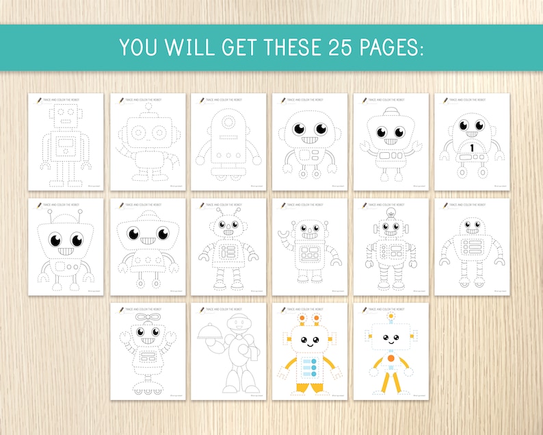 Robots Trace and Color Worksheets Coloring Pages Tracing - Etsy