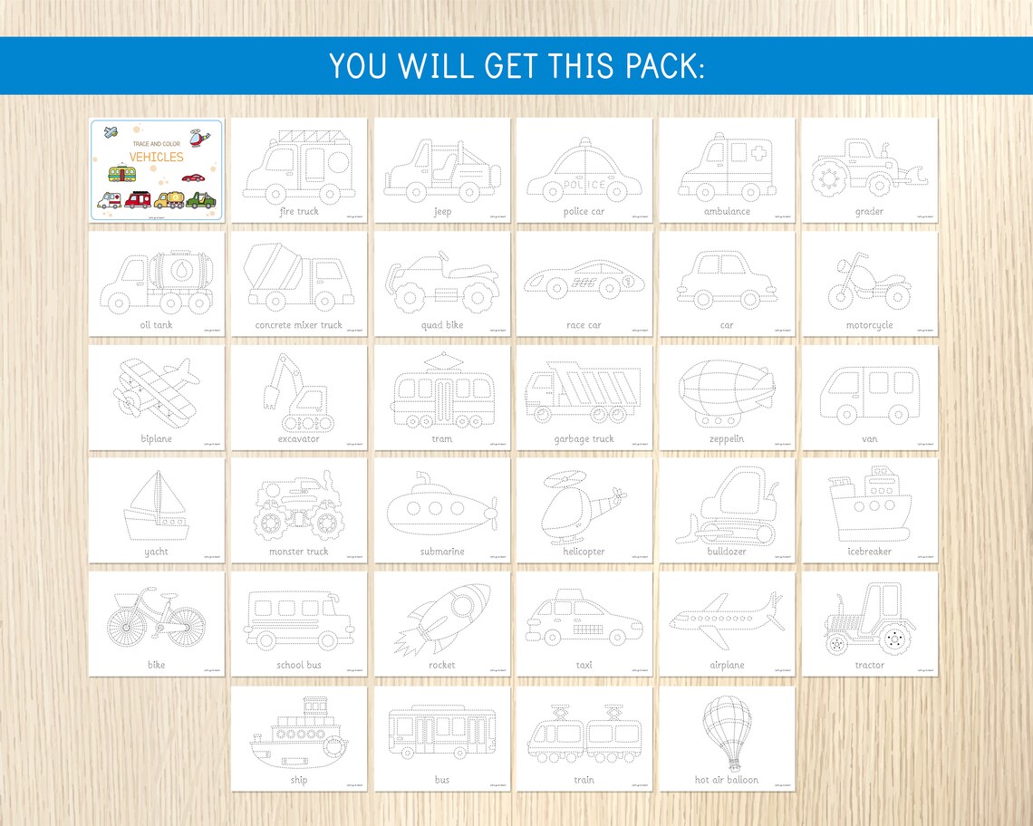 Vehicles Trace and Color Worksheets, Coloring Pages, Tracing Practice ...