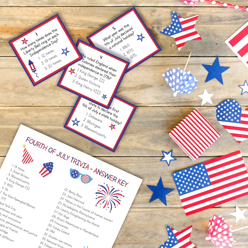 4th of July Trivia - 42 Question Cards - Independence Day Party Game ...