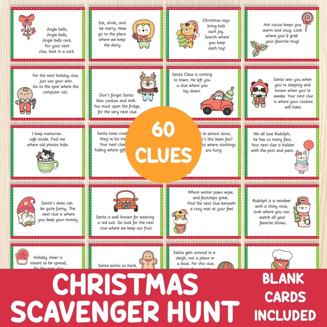 Christmas Scavenger Hunt for Kids - Indoor Christmas Treasure Hunt - 60 ...