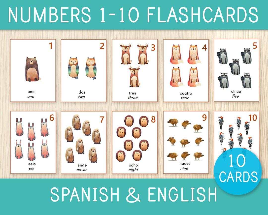 Spanish & English Numbers Flashcards , 1 to 10, Forest Animals ...