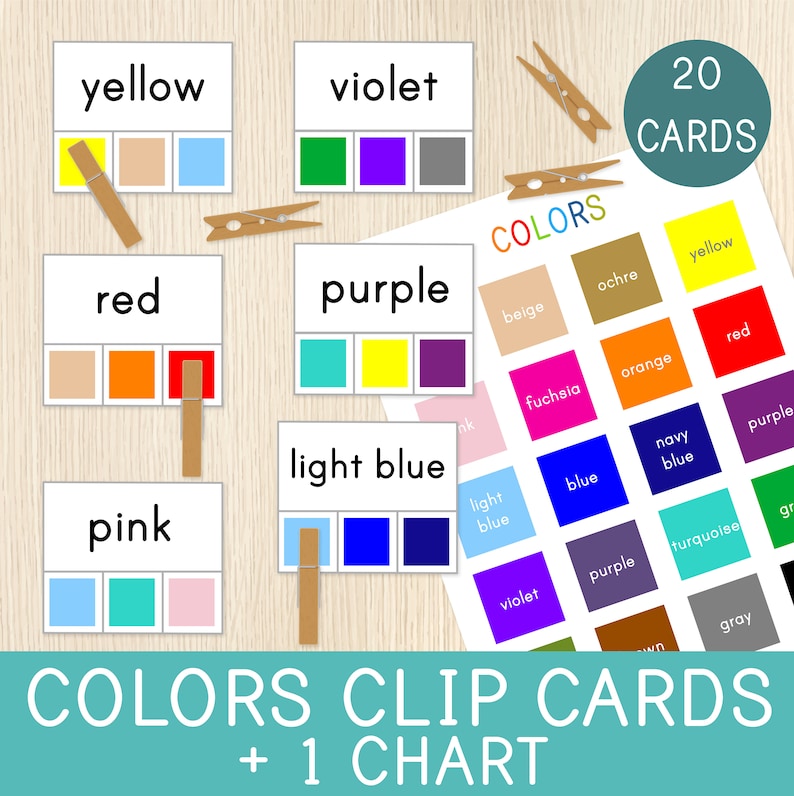 Color Words Clip Cards & Chart - English Vocabulary - Color Recognition ...