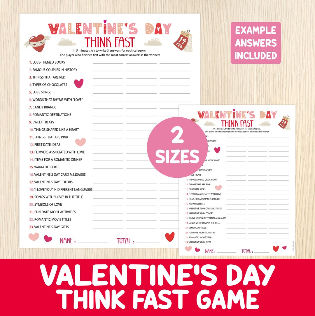 Valentine's Day Think Fast Game - Valentine's Printable Activity ...