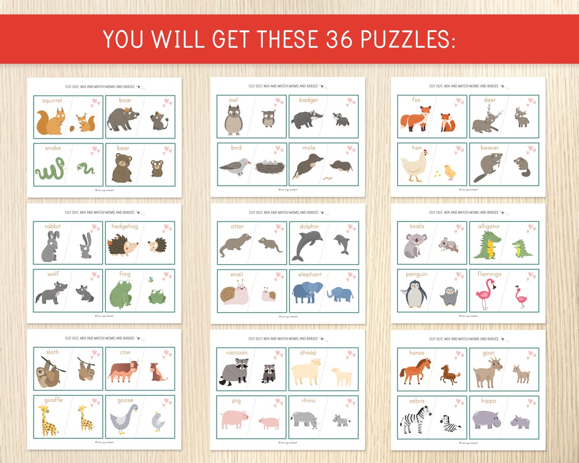 Mother & Baby Animals Matching Games 36 Puzzles Matching - Etsy