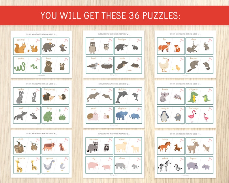 Mother & Baby Animals Matching Games 36 Puzzles Matching - Etsy