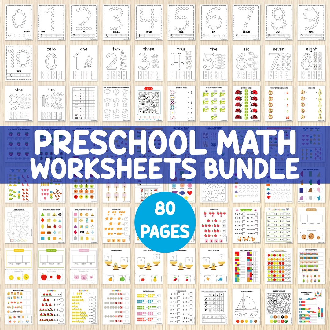 Preschool Math Worksheets Bundle - 80 Fun Printable Activities for ...