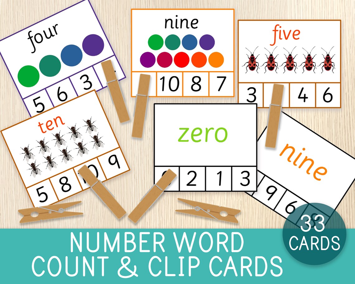 Number Words Clip Cards Count and Clip Cards Flashcards - Etsy