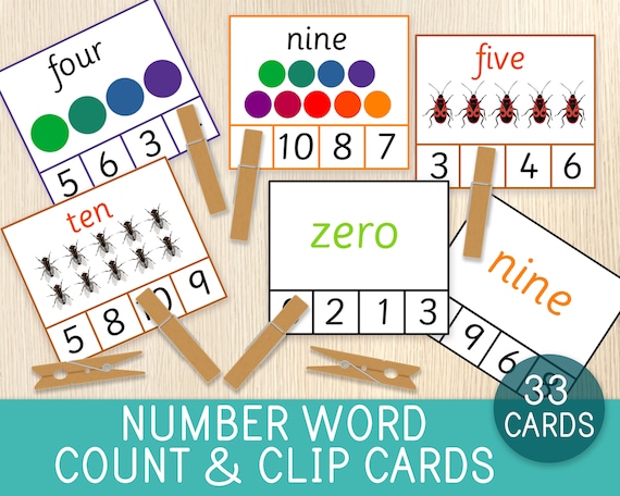 Number Words Clip Cards Count and Clip Cards Flashcards | Etsy