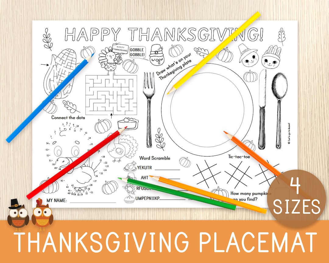 Thanksgiving Placemat, 4 Sizes, Coloring and Activity Mat, Thanksgiving ...