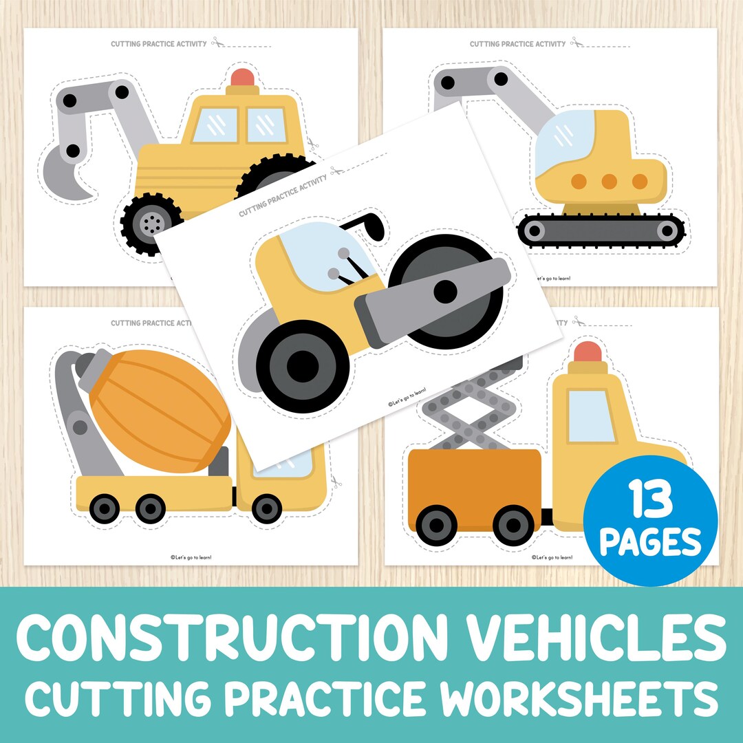 Construction Vehicles Cutting Practice Worksheets - Fine Motor Skills ...