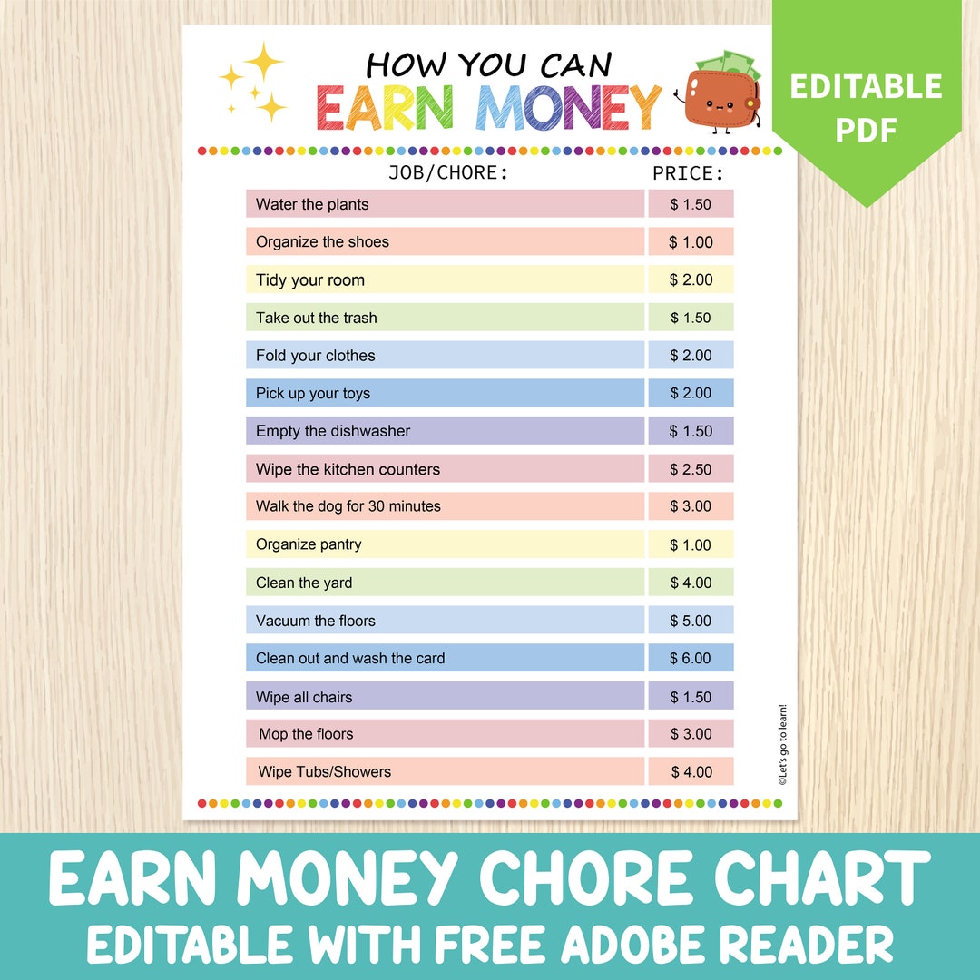 How to Earn Money Chore Chart, Editable Allowance Chore Chart for Kids ...