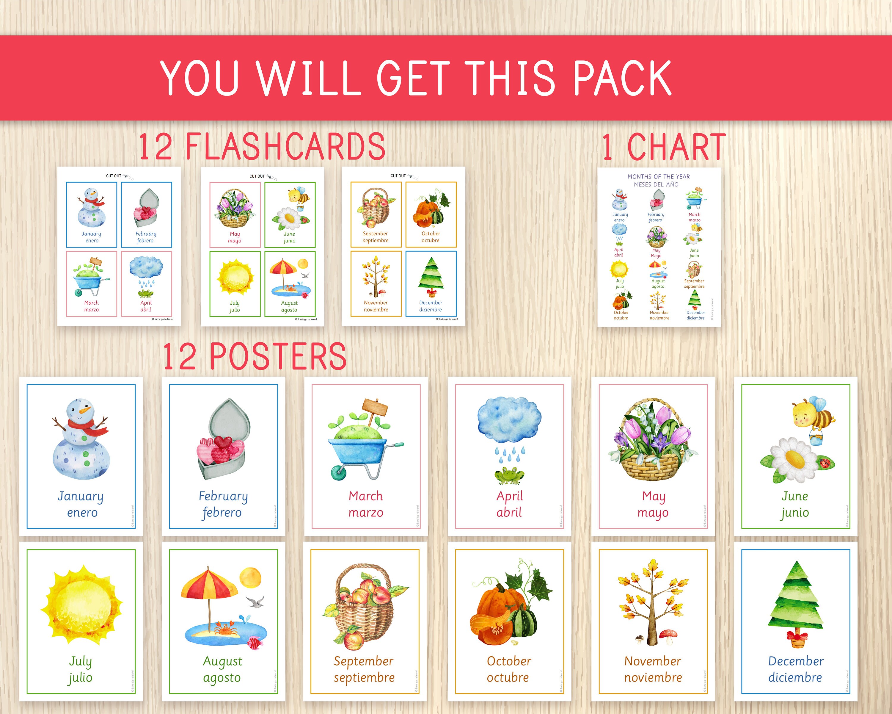 English-spanish Months Flashcards Posters & Chart Bilingual - Etsy