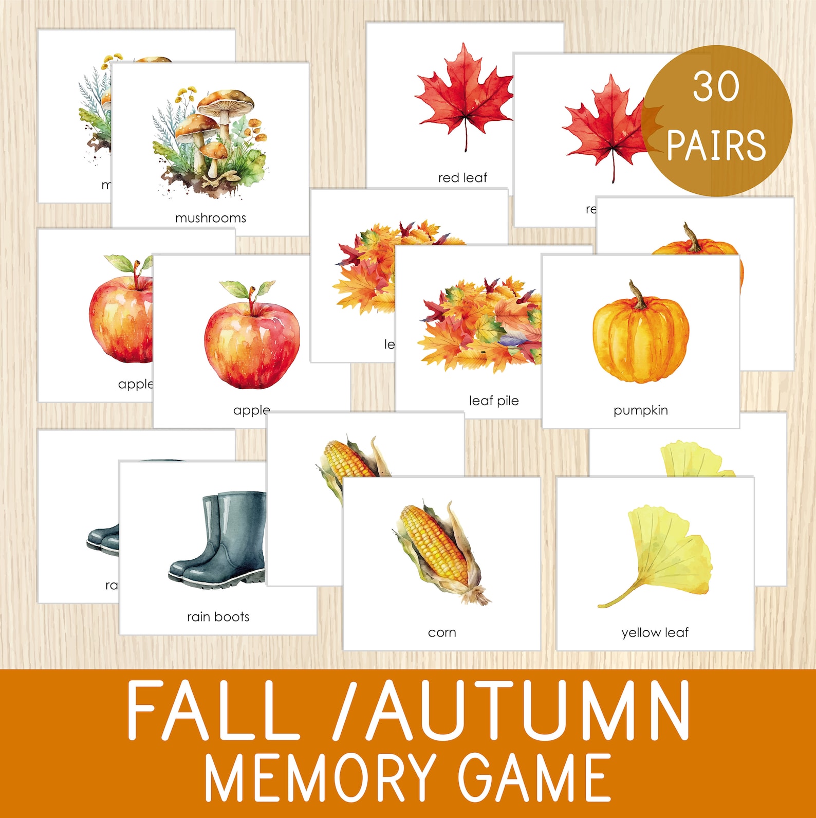 Fall Memory Game, Autumn Matching Activity, Fall Vocabulary, Visual ...