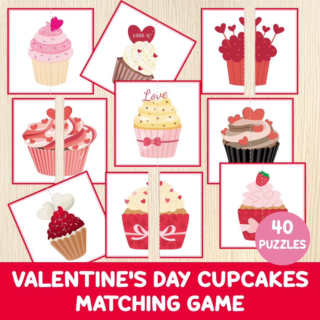 Valentine's Day Cupcakes Matching Game - 40 Puzzles - Valentine's ...