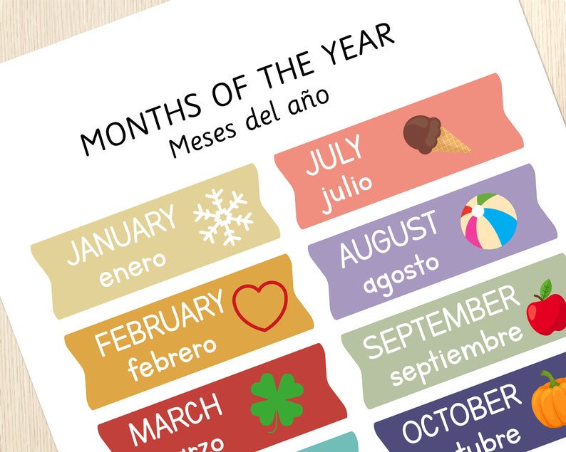 Months of the Year Poster in English & Spanish Bilingual - Etsy