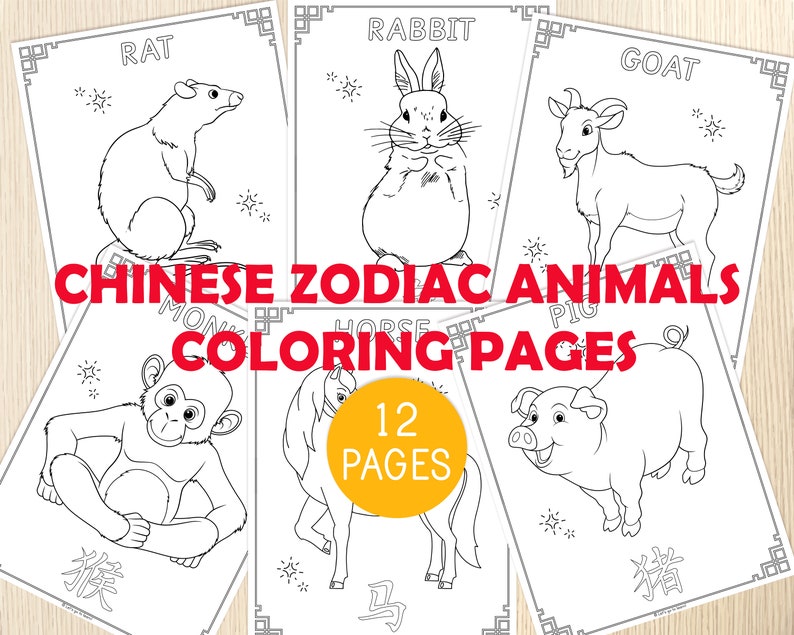 Chinese Zodiac Animals Coloring Pages Lunar New Year - Etsy