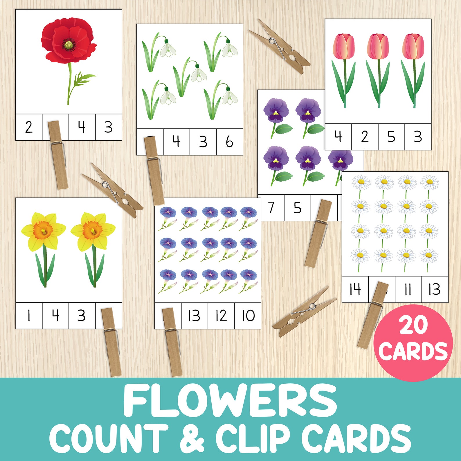 Flower Count & Clip Cards, Numbers 1 to 20, Counting Activity, Spring ...