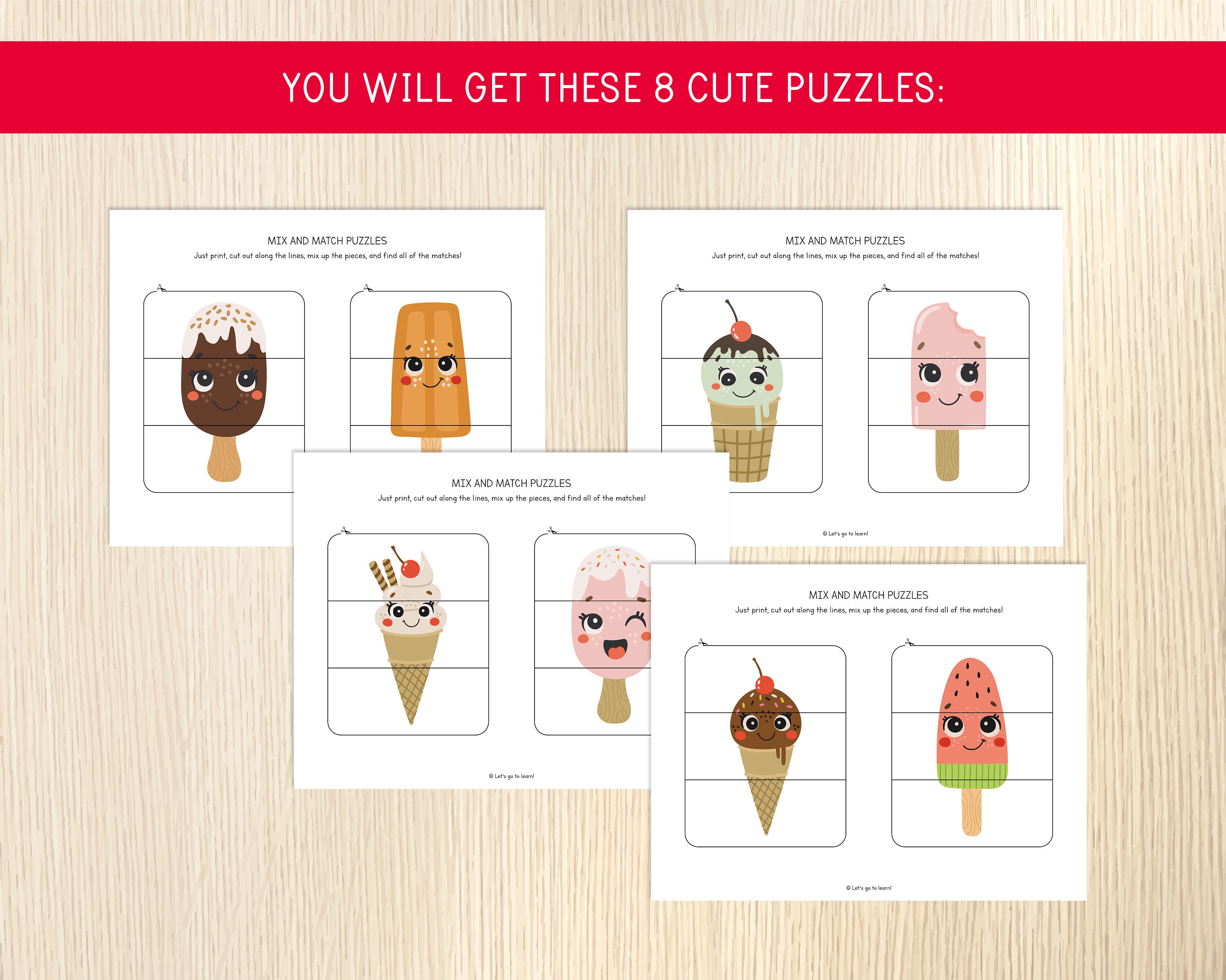 Ice Cream Matching Activity, Toddler & Preschool Game, 8 Summer Puzzles ...