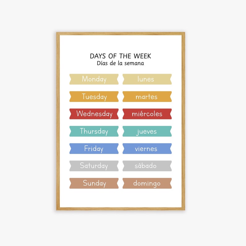 Days of the Week Poster in English & Spanish Bilingual - Etsy