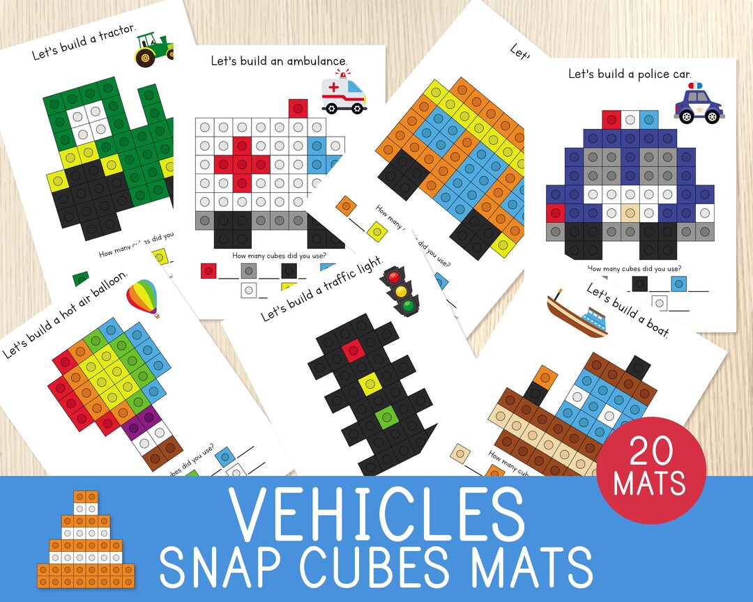 Vehicles Snap Cubes Mats, Transports, Connecting Cubes, Preschool ...