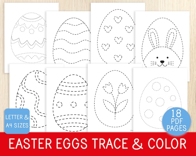 Easter Eggs Trace & Color Worksheets, 18 Coloring Pages, Easter Kids ...