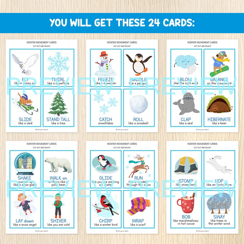 Winter Movement Cards, Winter Game, 24 Flashcards, Gross Motor Skills ...