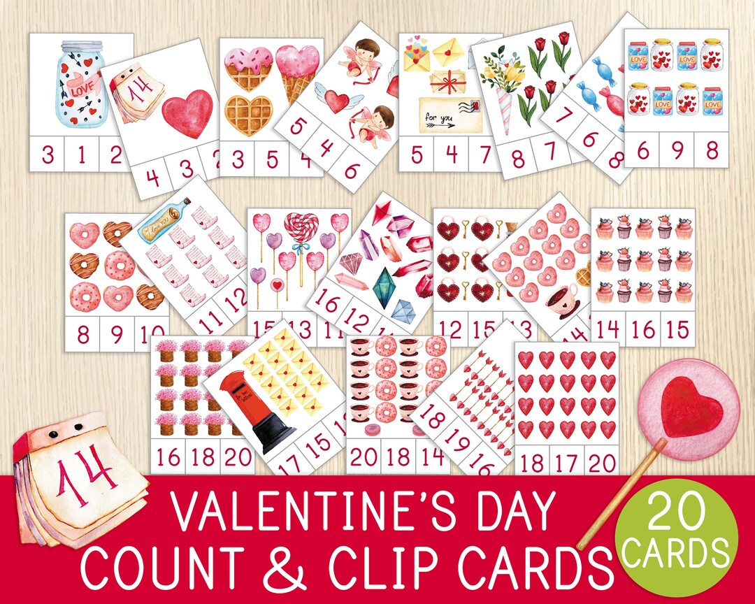 Valentine's Day Count and Clip Cards, Numbers 1-20, Valentine Activity ...