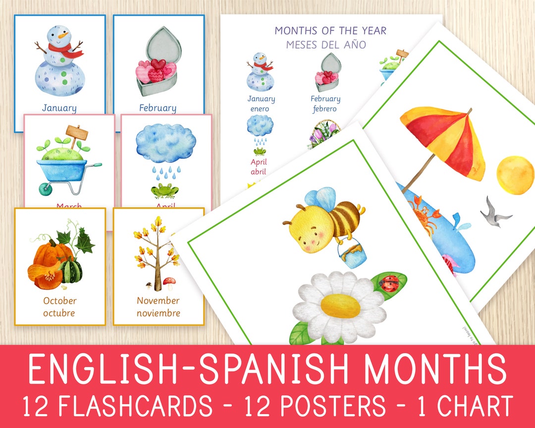 English -spanish Months Flashcards - Posters and Chart - Bilingual ...