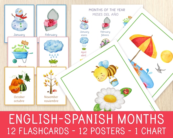 English-spanish Months Flashcards Posters & Chart Bilingual | Etsy
