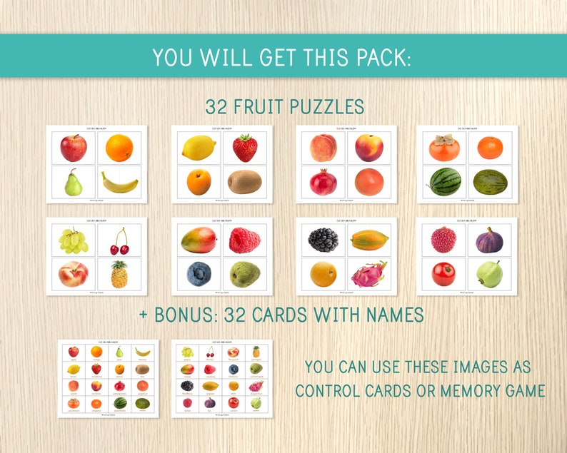 Fruit Puzzles, Matching Cards, Symmetry, Montessori Activity, Toddler ...