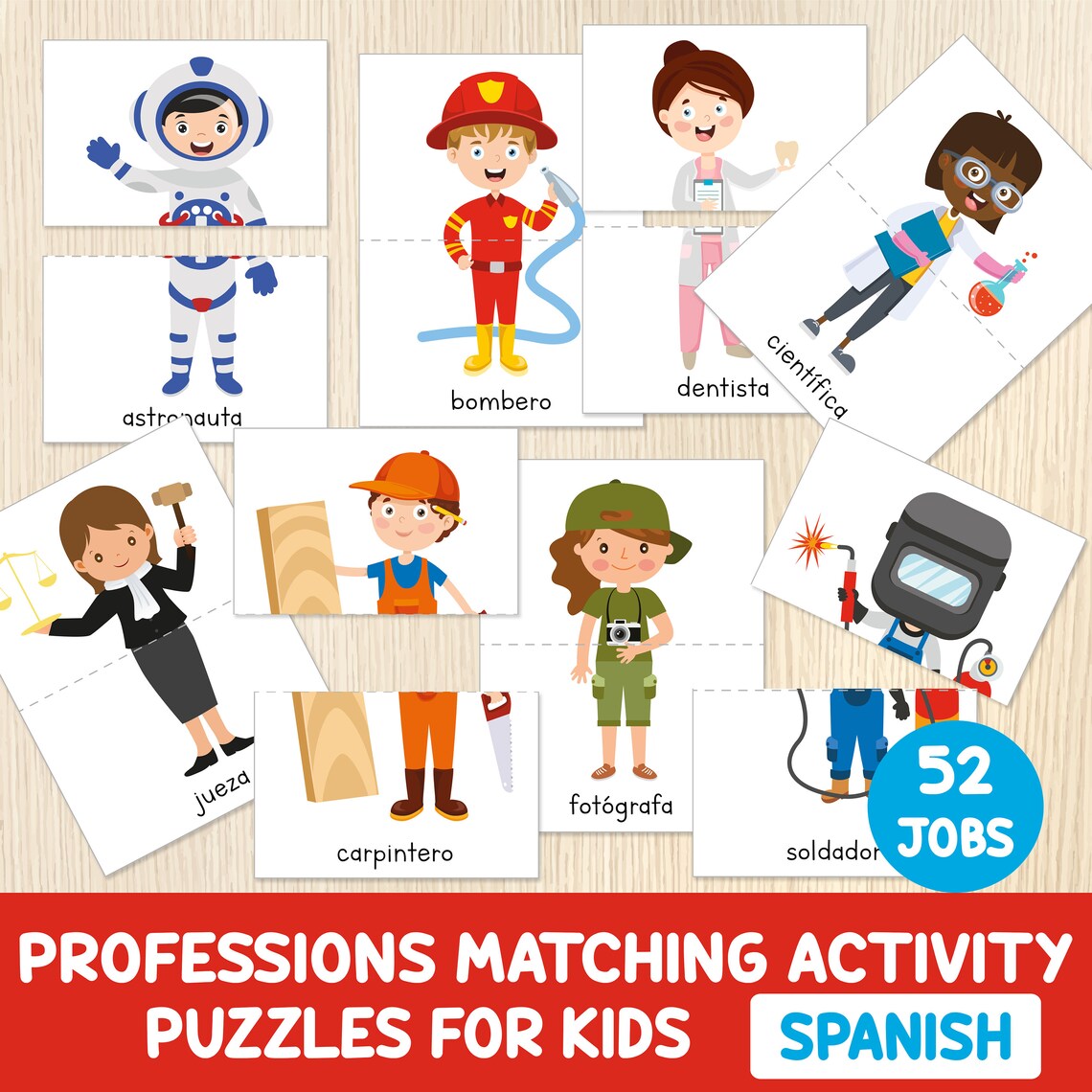 Professions Matching Activity in SPANISH, 52 Puzzles, Jobs, Community ...