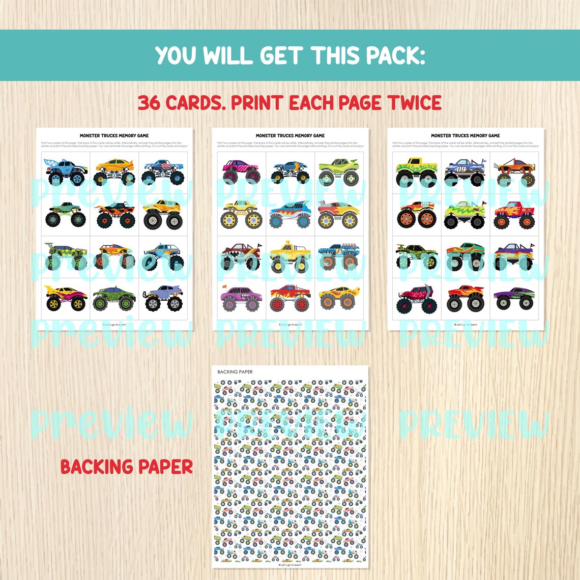 Monster Trucks Memory Game - Printable Matching Activity - Toddler ...