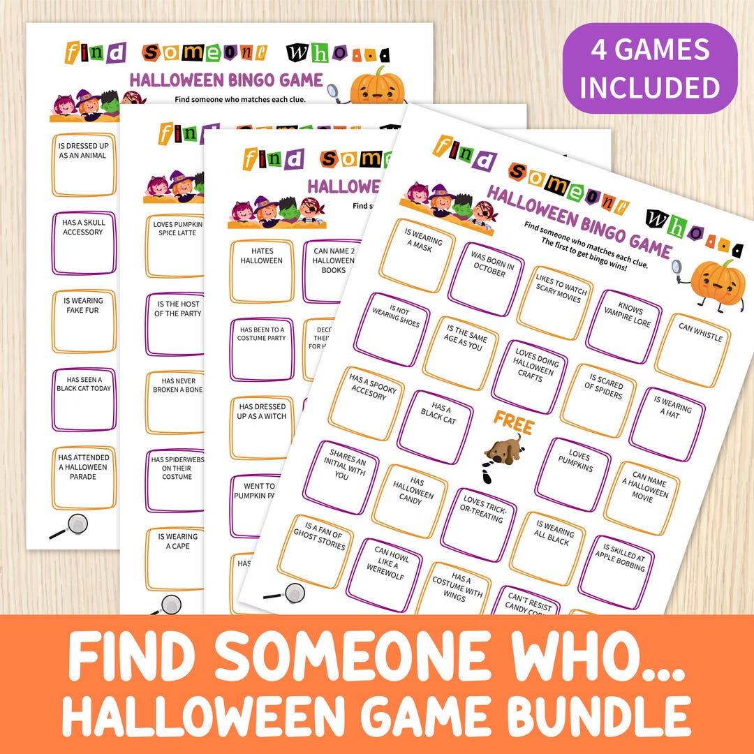 Halloween Find Someone Who Game, Bundle of 4, Icebreaker Activity, Mix ...