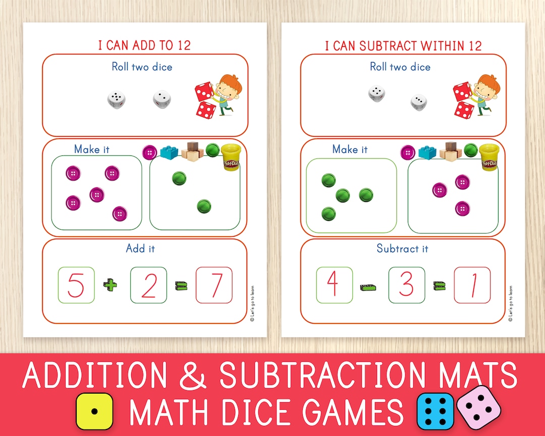 Addition & Subtraction Mats - Math Dice Games, Counting Practice, Math ...