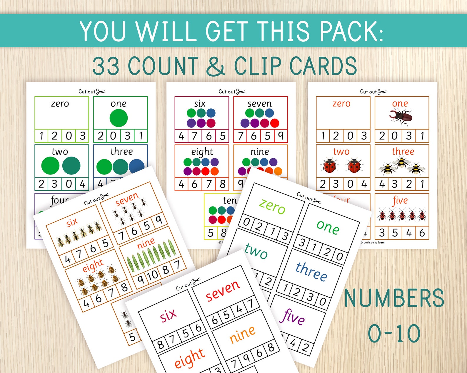 Number Words Clip Cards Count and Clip Cards Flashcards | Etsy