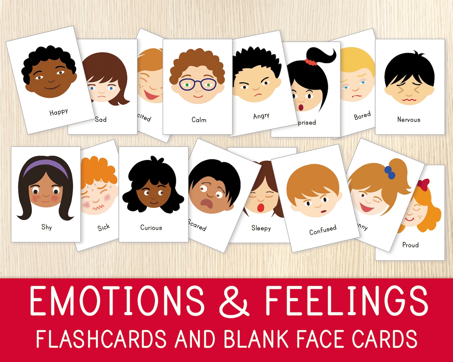 Emotions Flashcards and Blank Face Flashcards, 32 Cards, Feelings ...