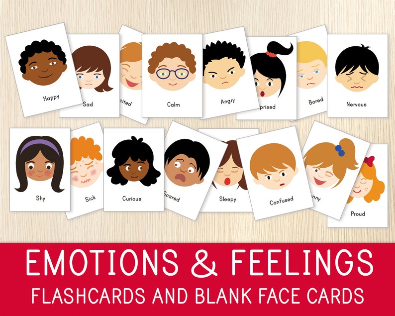 Emotions Flashcards and Blank Face Flashcards, 32 Cards, Feelings ...