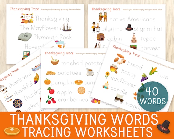 Thanksgiving Words Tracing Worksheets Thanksgiving - Etsy