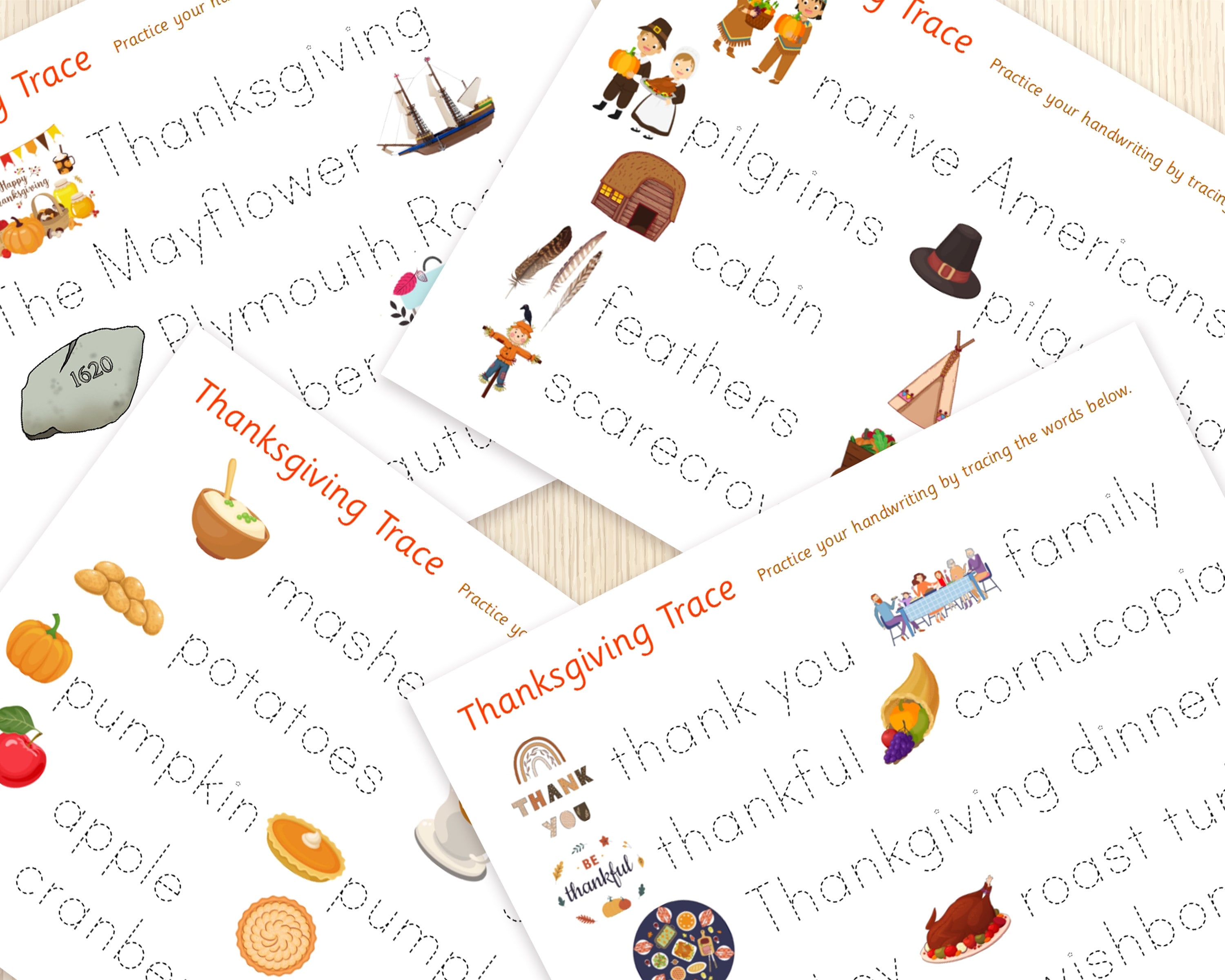 Thanksgiving Words Tracing Worksheets, Thanksgiving Vocabulary, Writing ...