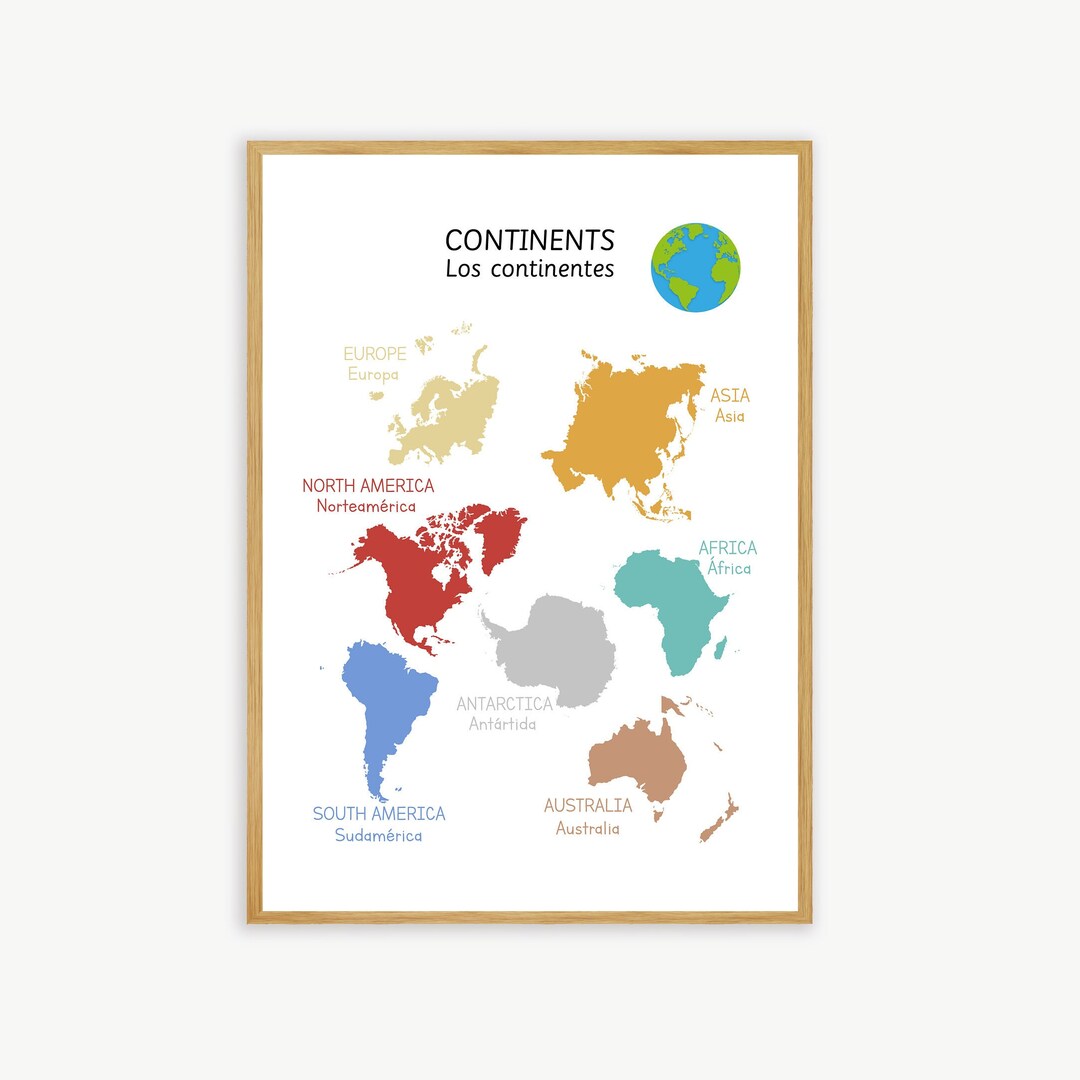 Continents Poster in English & Spanish, Bilingual Printable Poster ...